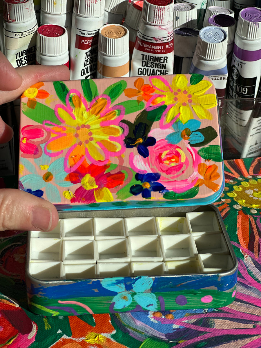 Hand Painted Floral Watercolor Box - Small Travel Box with 18 Watercol ...
