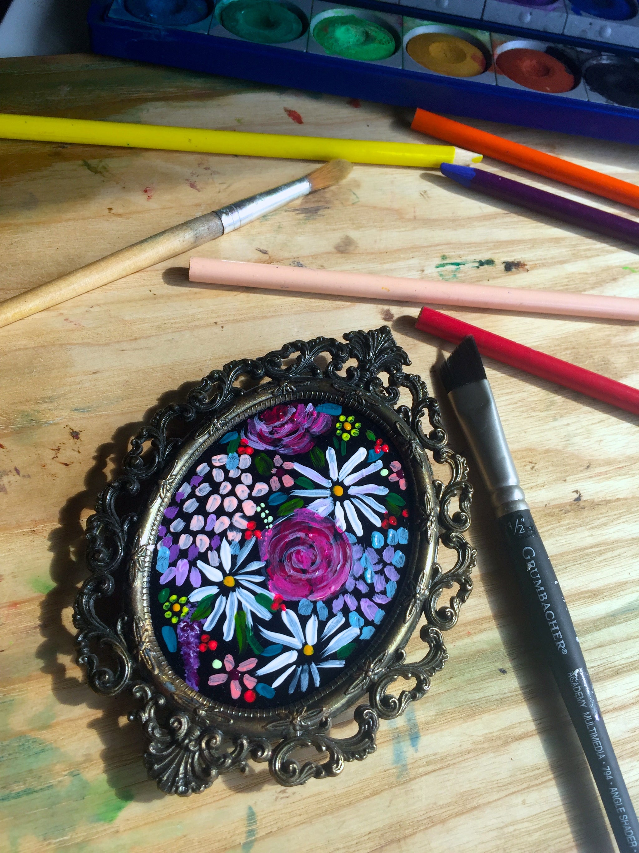 Small Floral Painting with Vibrant Colorful Florals in Pretty Oval Vin ...
