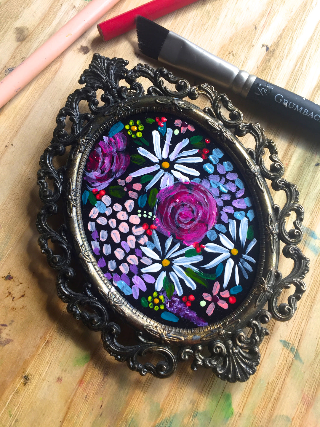 Small Floral Painting with Vibrant Colorful Florals in Pretty Oval Vin ...